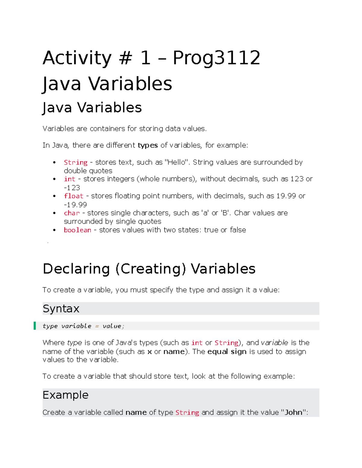 Java Variables Java Variable Basics Activity 1 Prog Java 1487