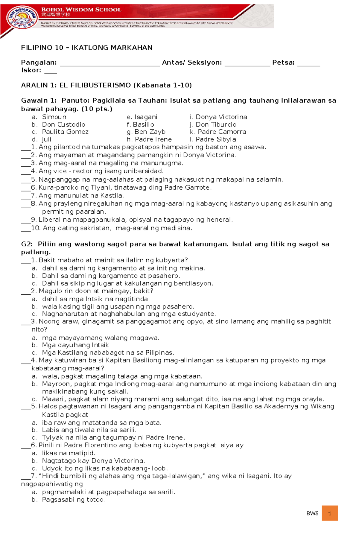FILIPINO 10 IKATLONG MARKAHAN: El Filibusterismo Aralin 1-10 - Studocu