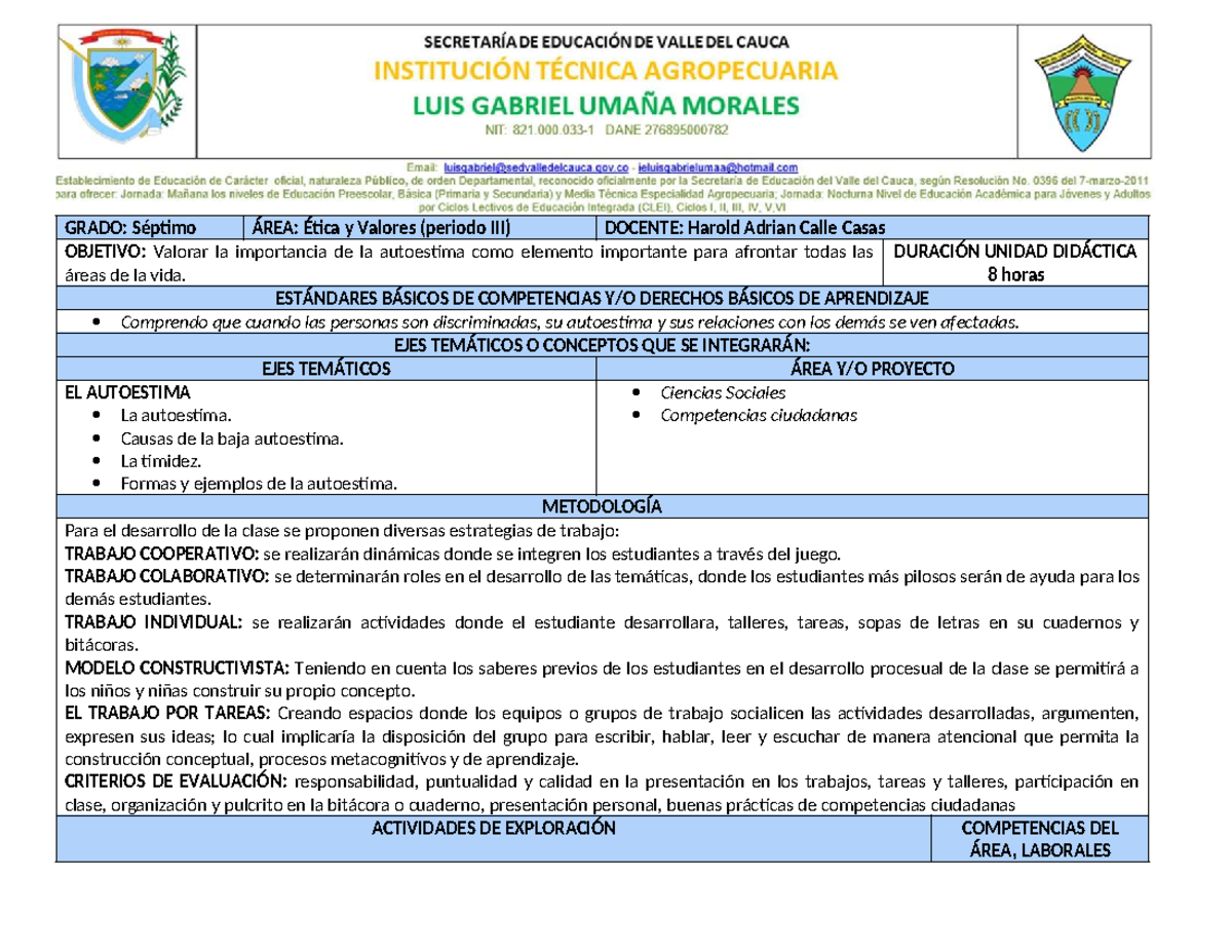 Ética y Valores - Grado 7 - Unidad Didáctica sobre Autoestima - Studocu