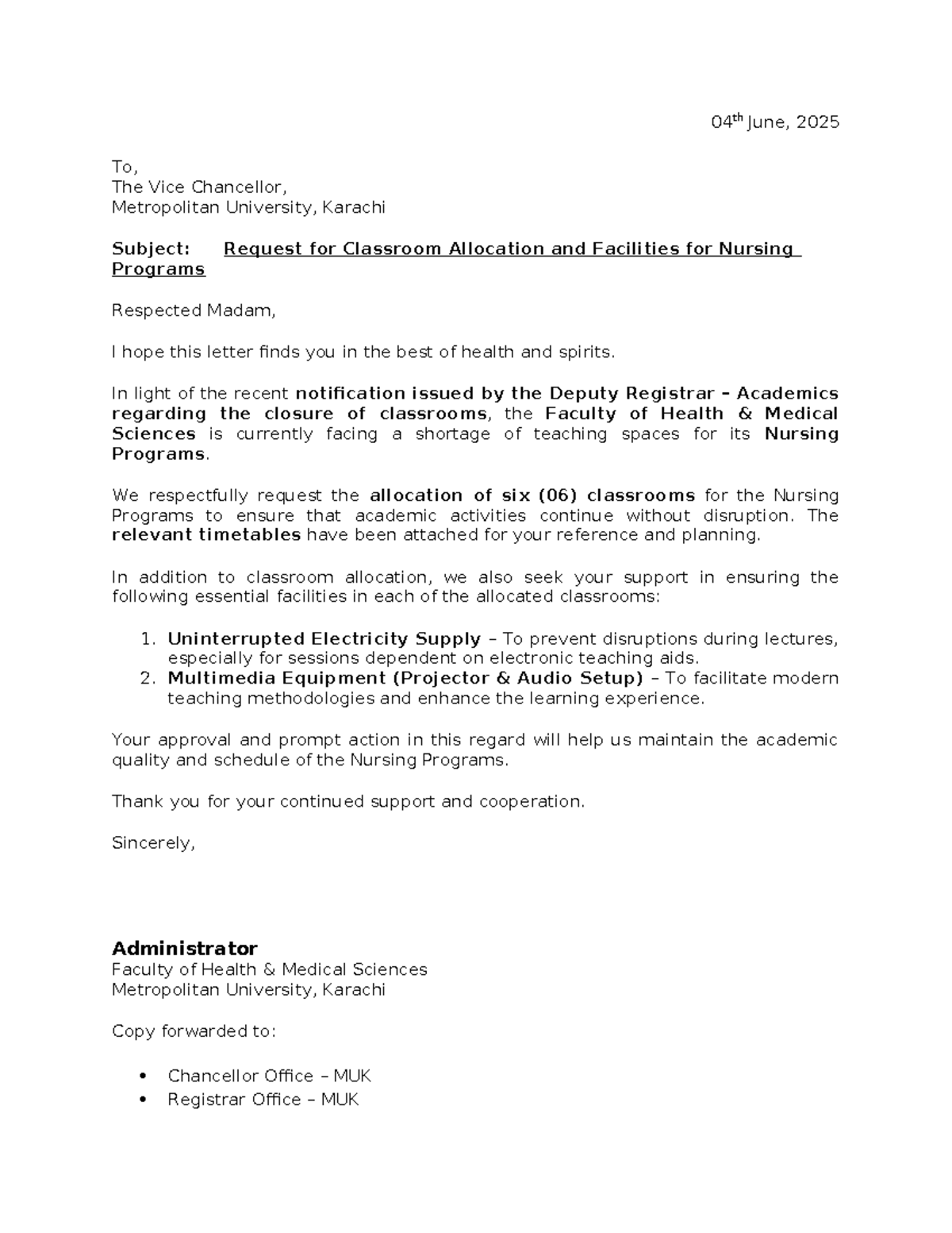 Letter for Classroom Allocation Request for Nursing Programs - Studocu
