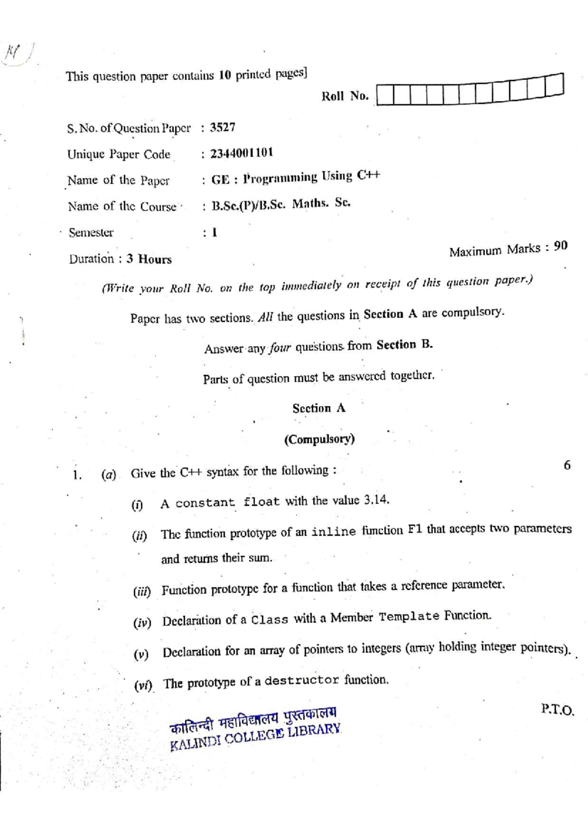 C++ PYQ: Programming Using GE - Question Paper 3527 - Studocu