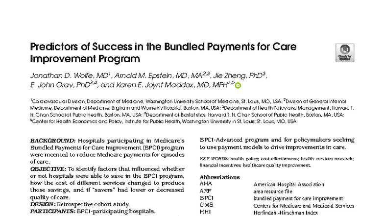 Predictors of Success in Medicare's BPCI Program: A Cohort Study - Studocu