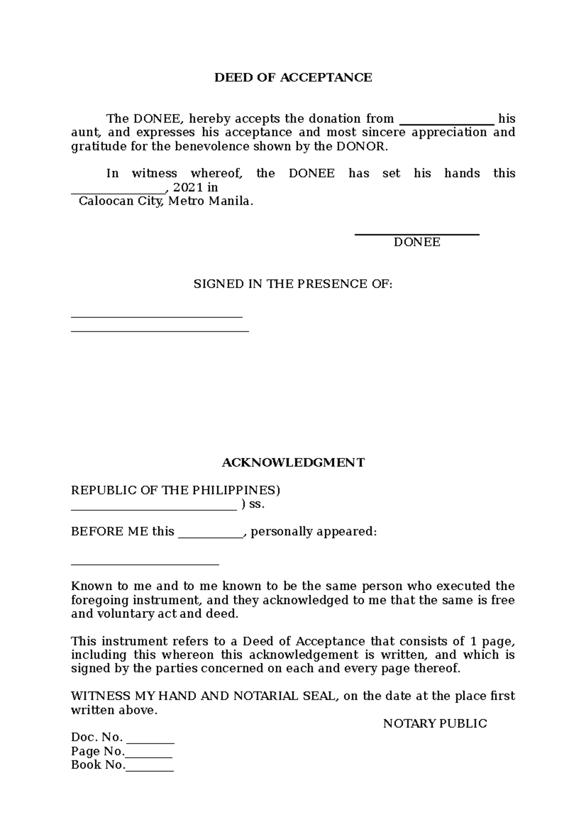 Deed of Acceptance for Donation: Template and Acknowledgment Guide ...