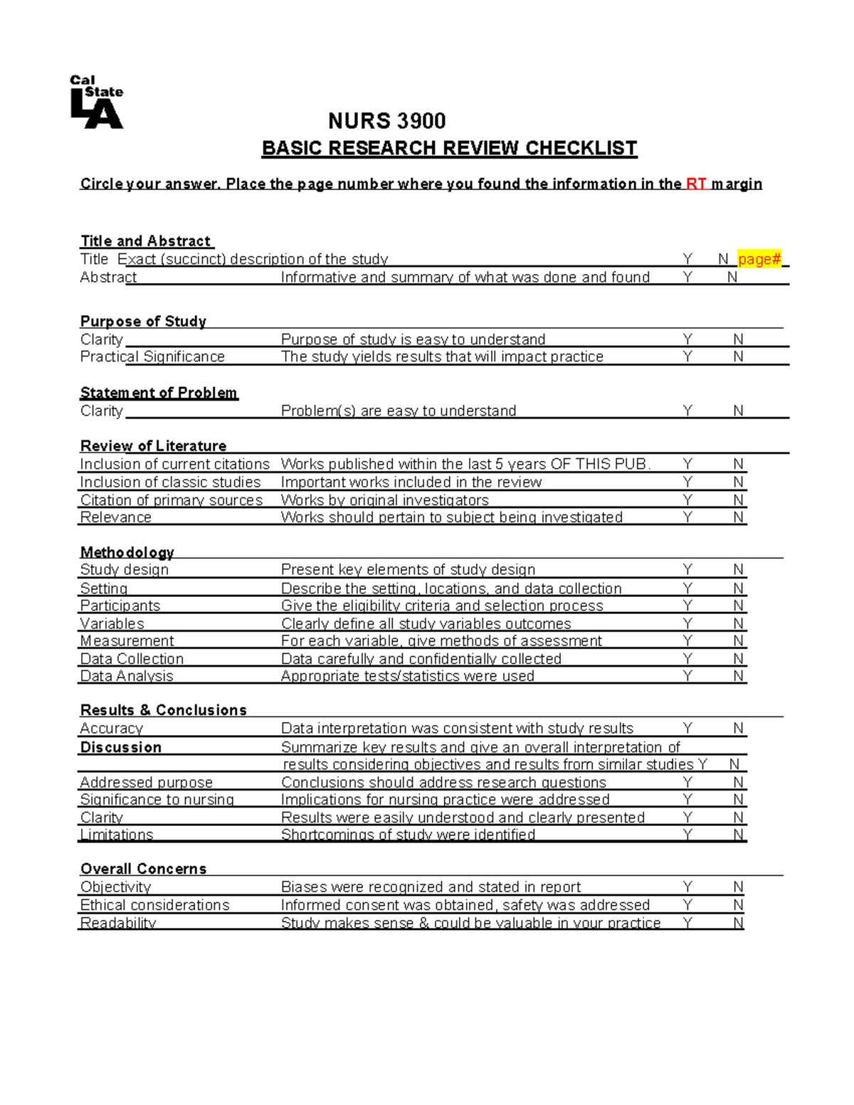 NURS 3900 research review checklist for basic studies - Studocu