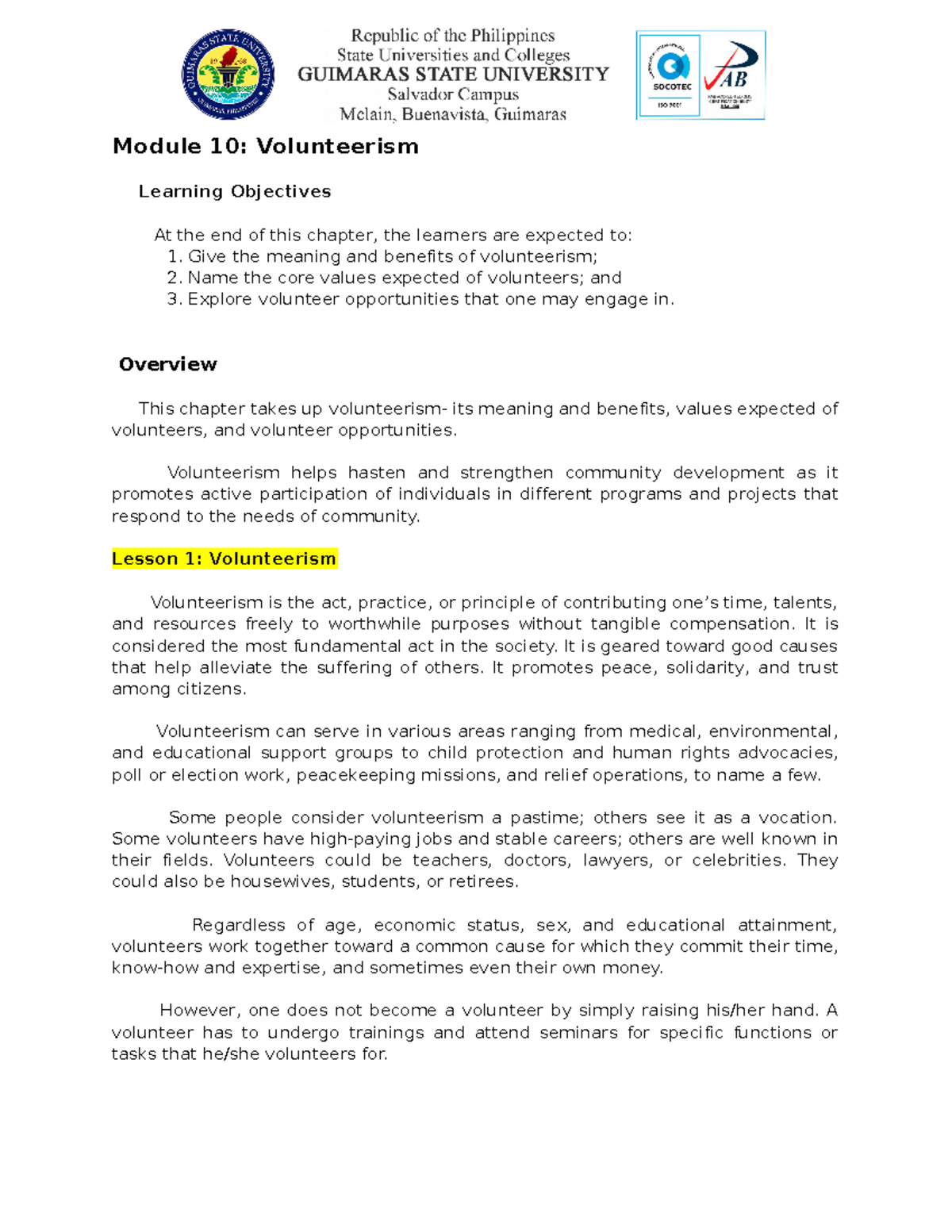 Module 10: Exploring Volunteerism and Its Community Impact - Studocu