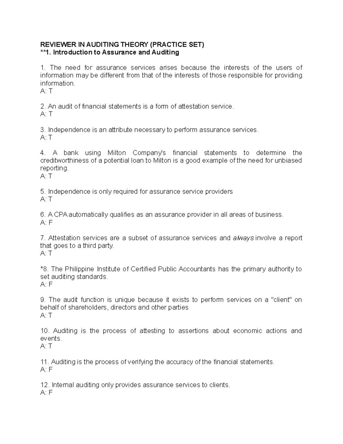 Reviewer for Auditing Theory Practice Set (ACCT 101) - Studocu