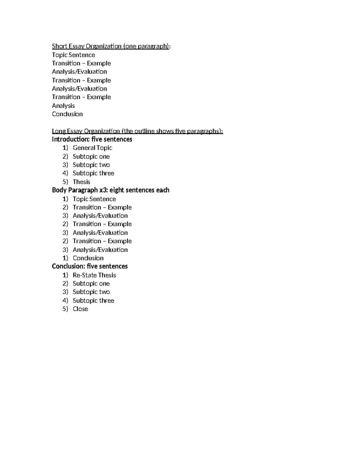 Basic Essay Outline - notes - Short Essay Organization (one paragraph ...