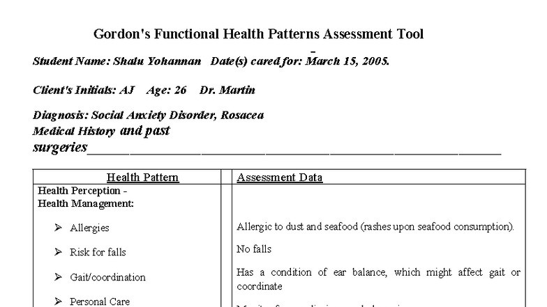 Gordon's Functional Health Patterns Assessment Tool (NUR 101) - Studocu