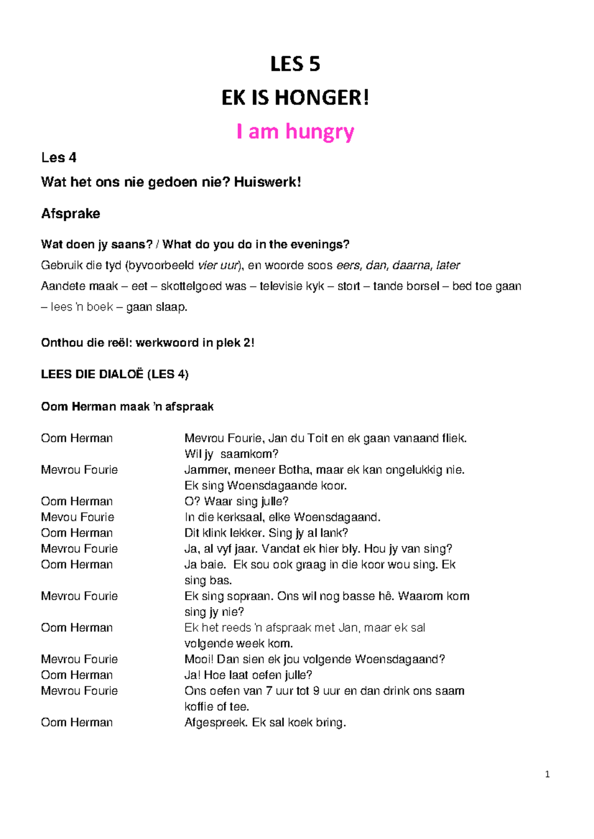 LES 5 EK IS HONGER! - Lecturer Notes on Evening Routines and Cooking ...