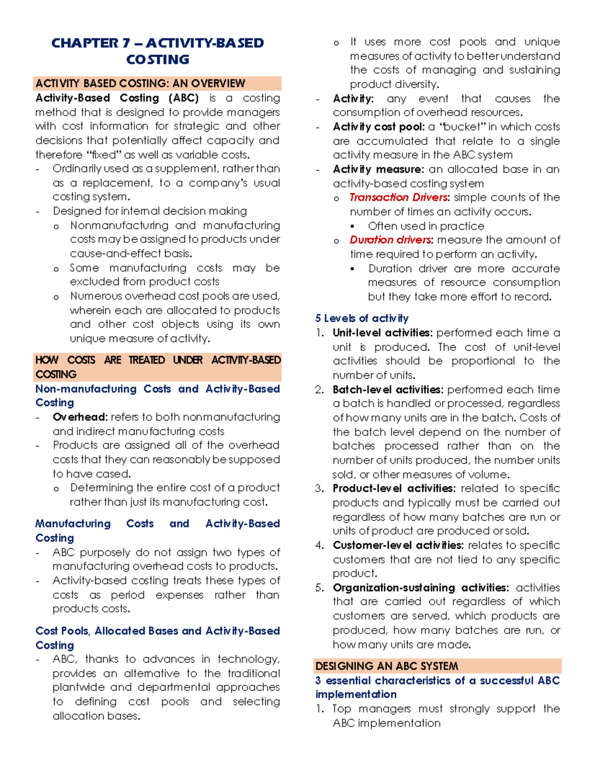 CHAPTER 7 SUMMARY: ACTIVITY BASED COSTING (ABC) OVERVIEW - Studocu