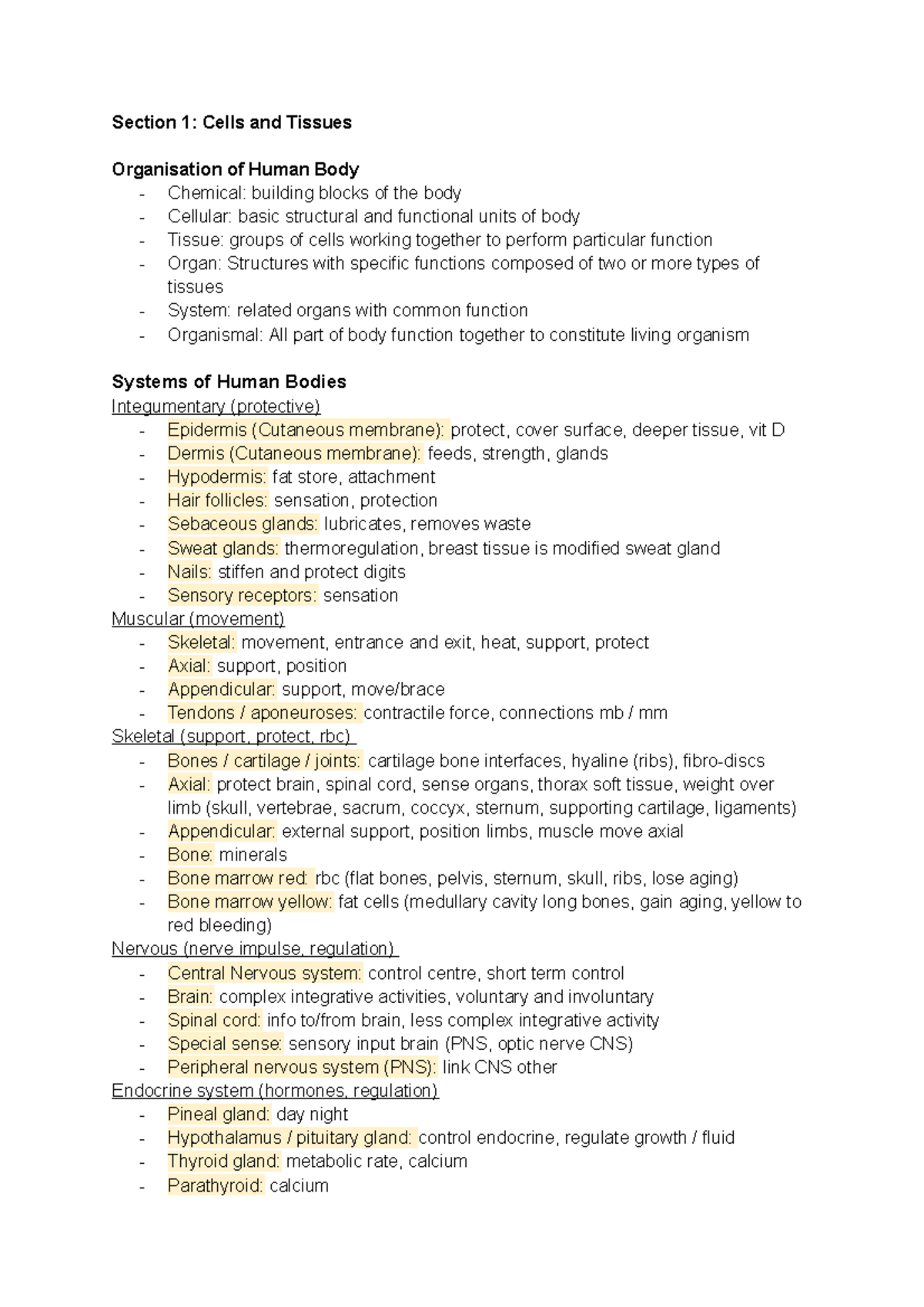 mid sem text notes - Section 1: Cells and Tissues Organisation of Human ...
