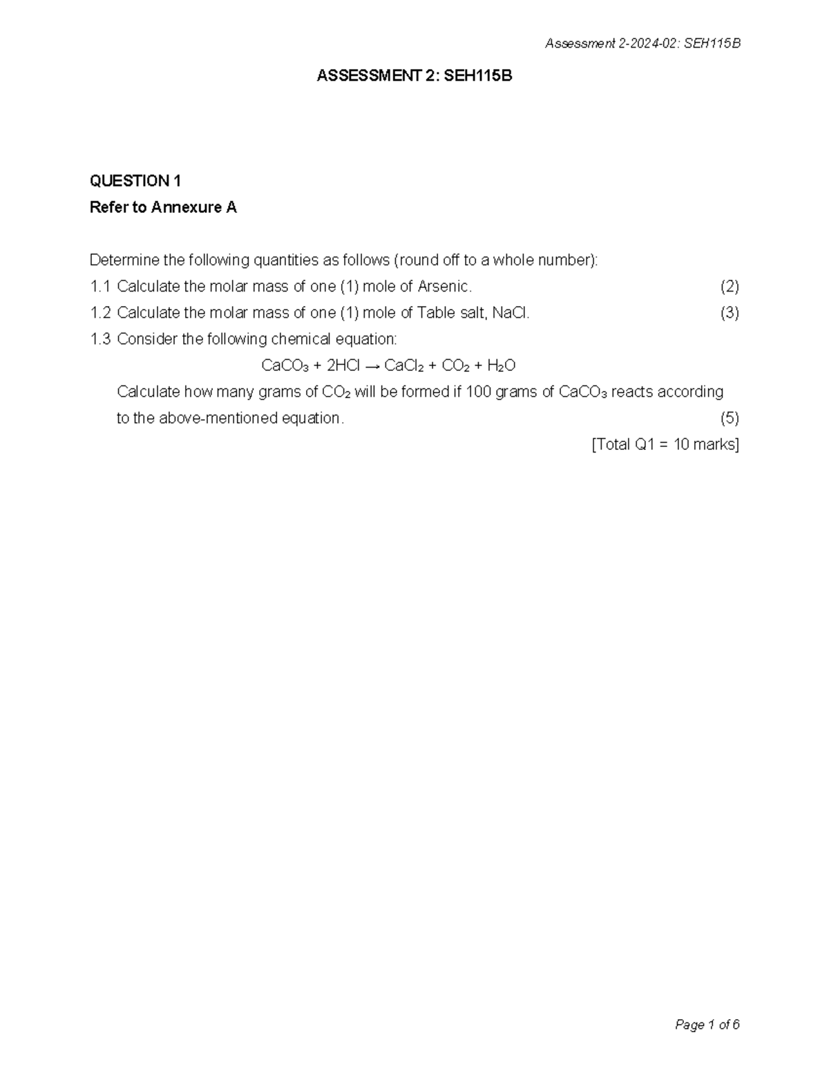 SEH115B Assessment 2: Chemistry Exercise Test 2 Questions - Studocu