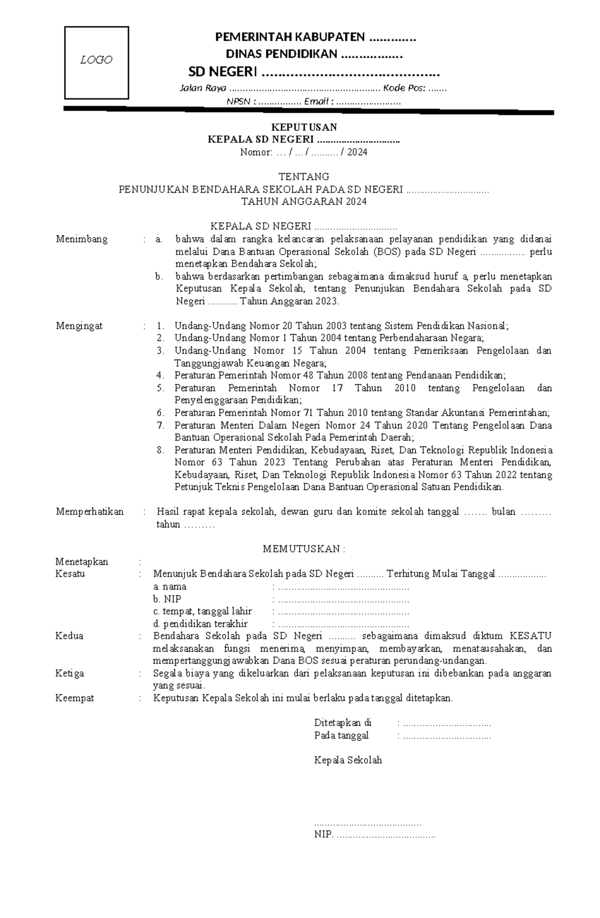 Contoh SK Penunjukan Bendahara SD 2024 dan Peraturan Terkait - Studocu