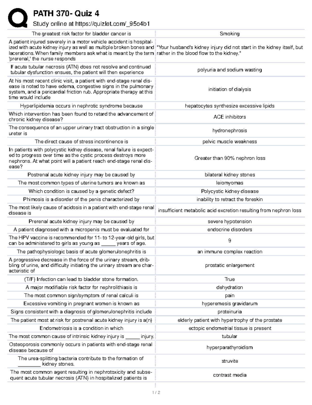 PATH 370 - Quiz 4 Study Guide with Key Concepts and Answers - Studocu