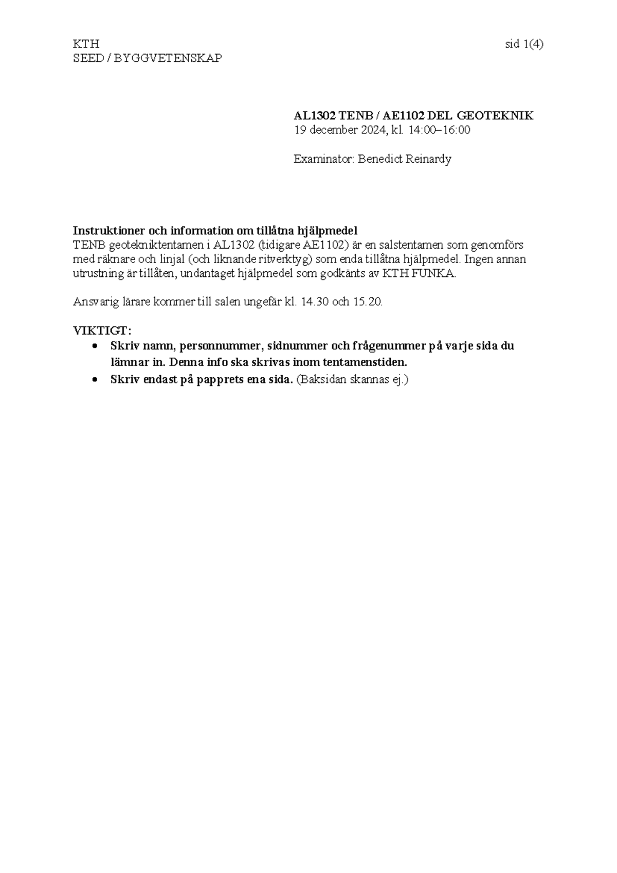 AL1302 Ten B Geoteknik Tentamen 19 Dec 2024 med Lösningsförslag - Studocu