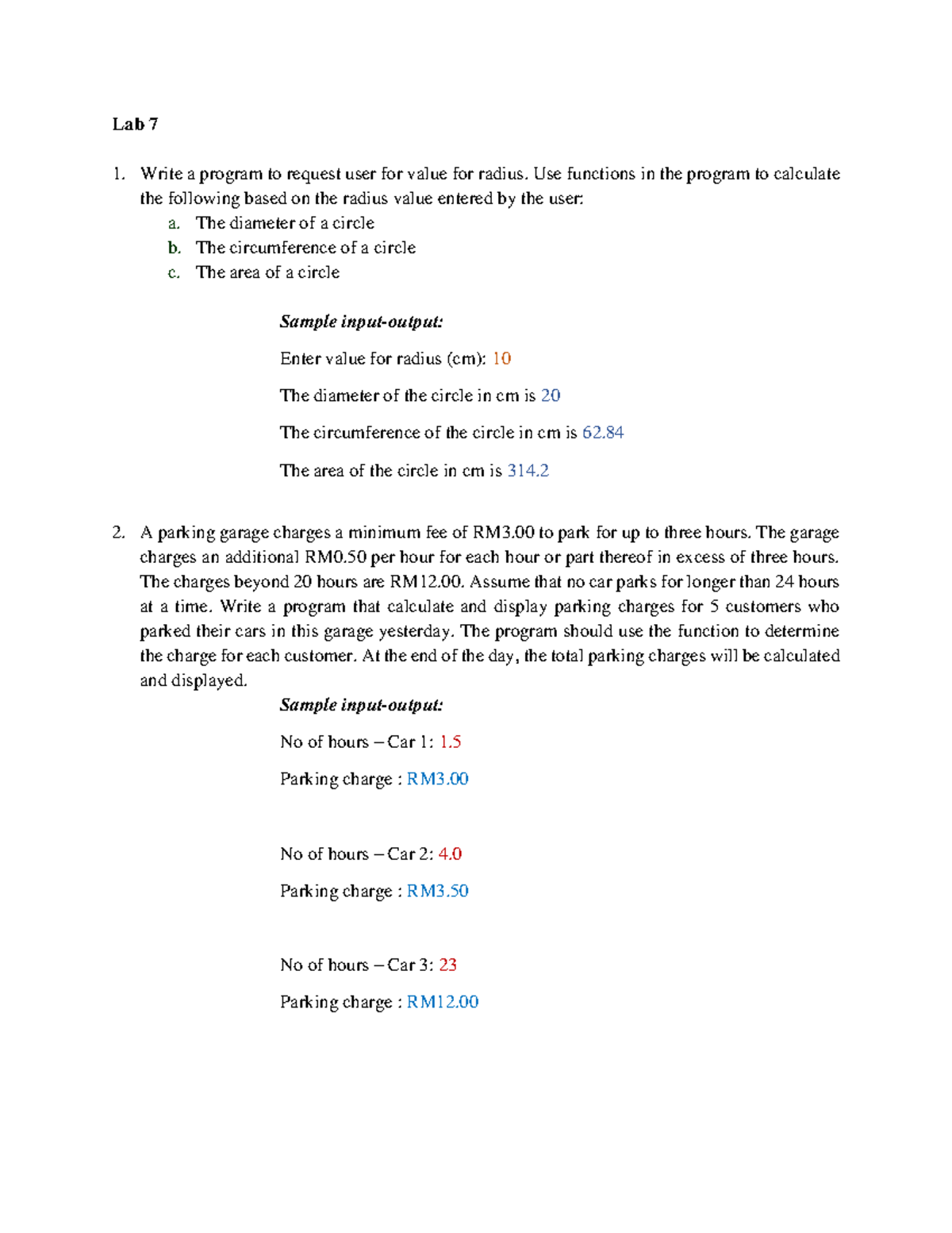 Lab 7 Python Function Lab 7 Write A Program To Request User For Value For Radius Use