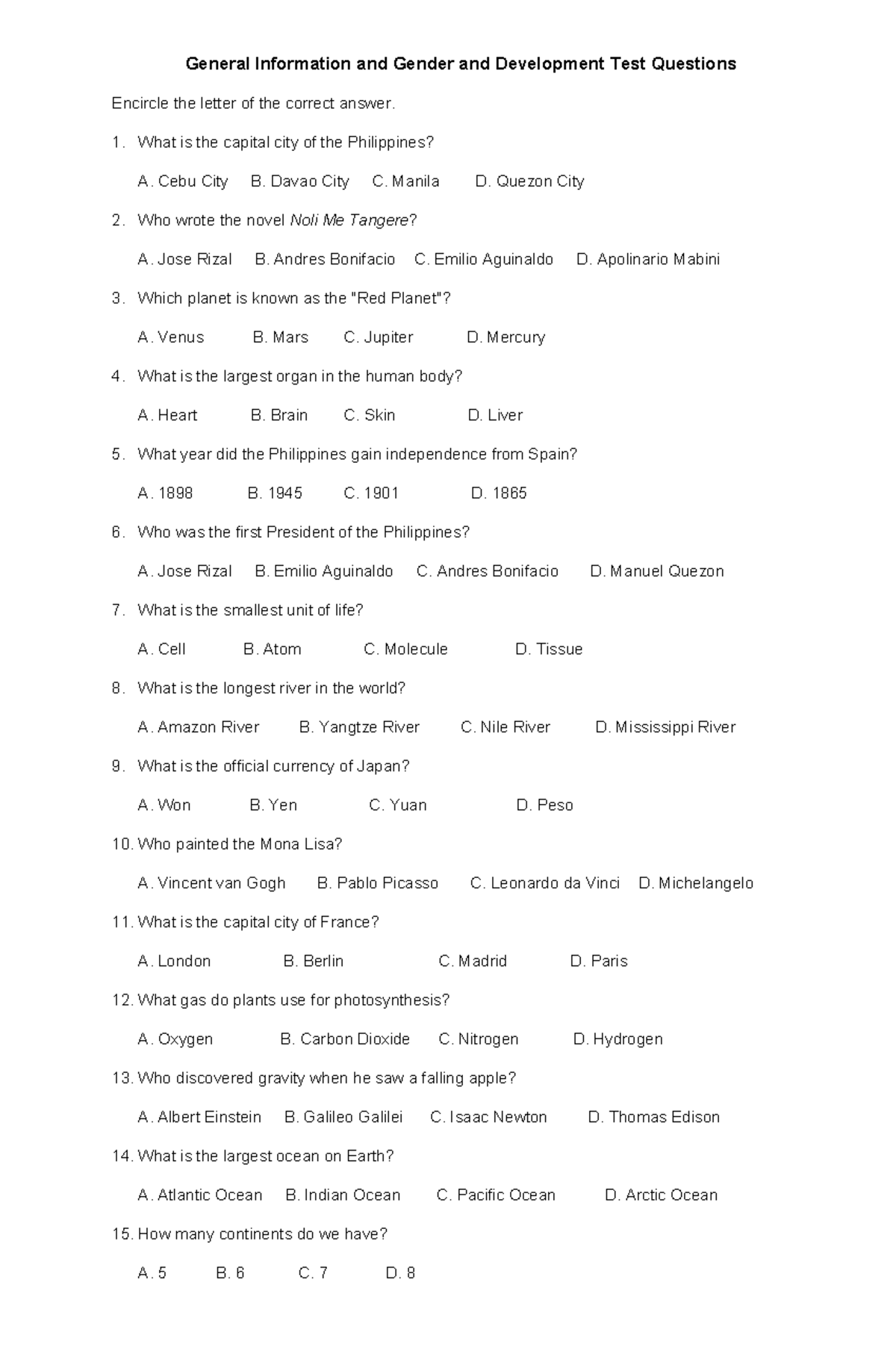 Gender and Development Quiz Questions and Answers - Studocu