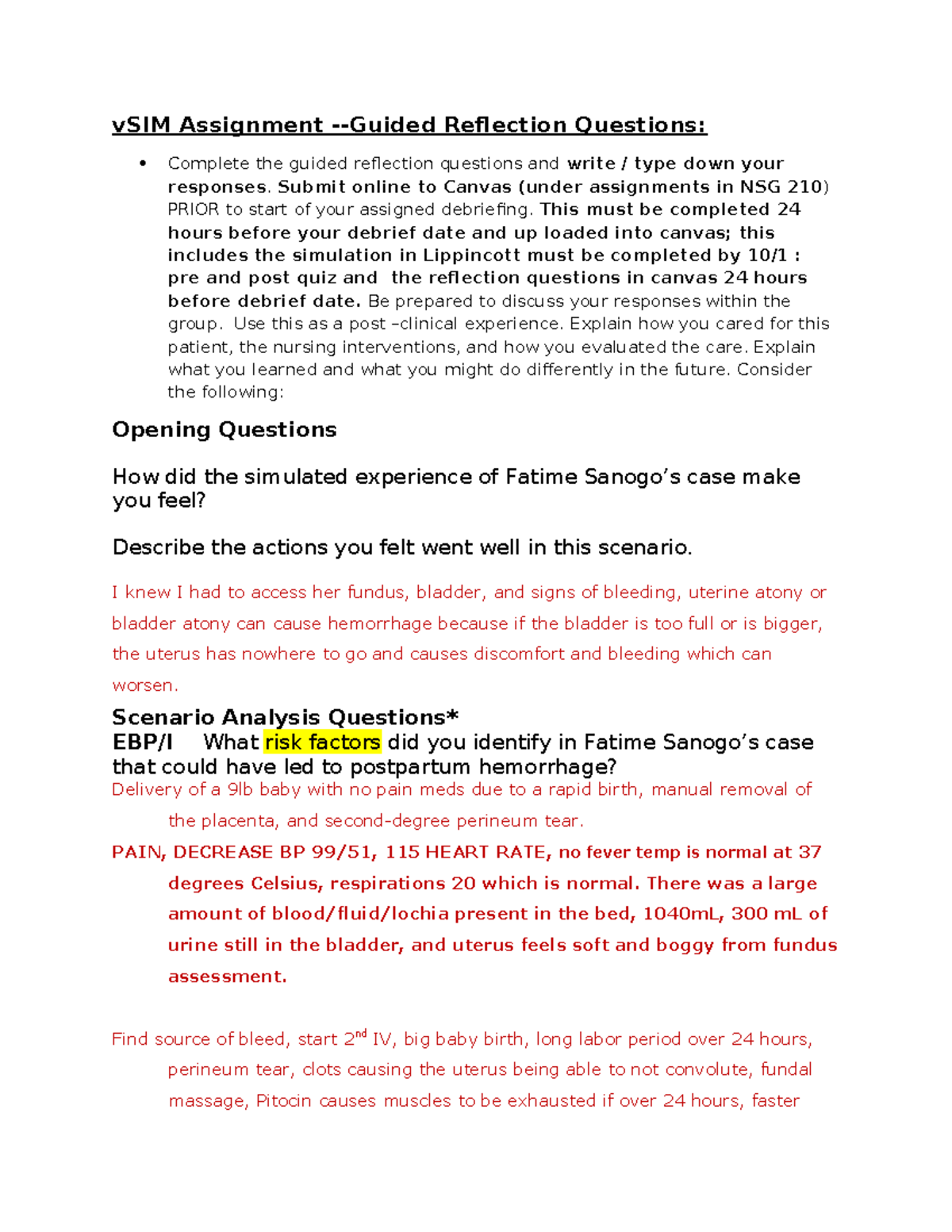vSIM Assignment Reflection Questions for NSG 210: PPH Case Study - Studocu