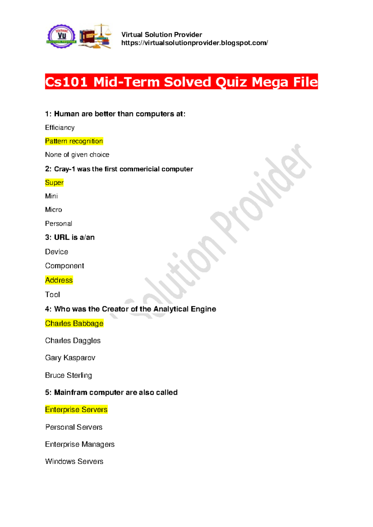 Cs101 Mid-Term Solved Quiz - virtualsolutionprovider.blogspot/ Cs101 ...