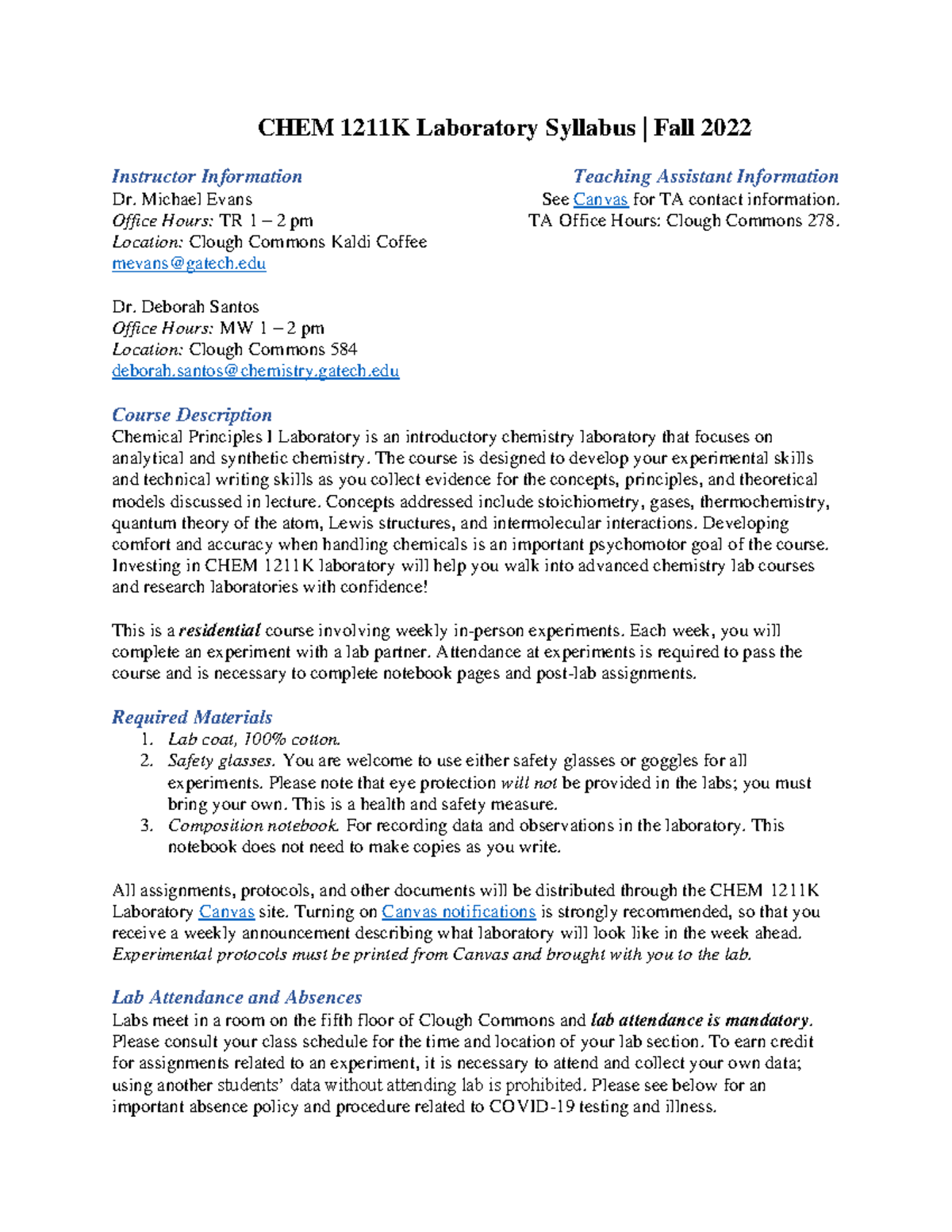 CHEM 1211K Lab Syllabus | Fall 2022: Essential Course Information - Studocu