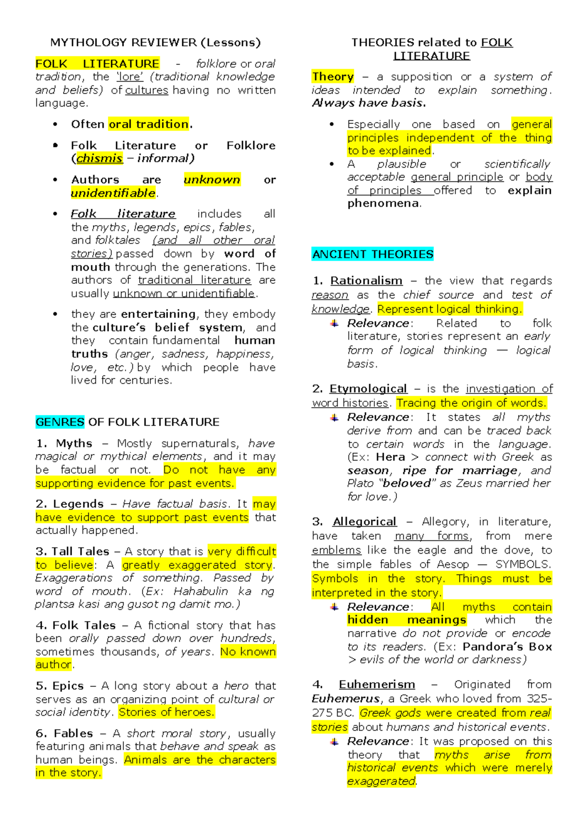MYTHOLOGY REVIEWER: Key Concepts and Folk Literature Genres - Studocu