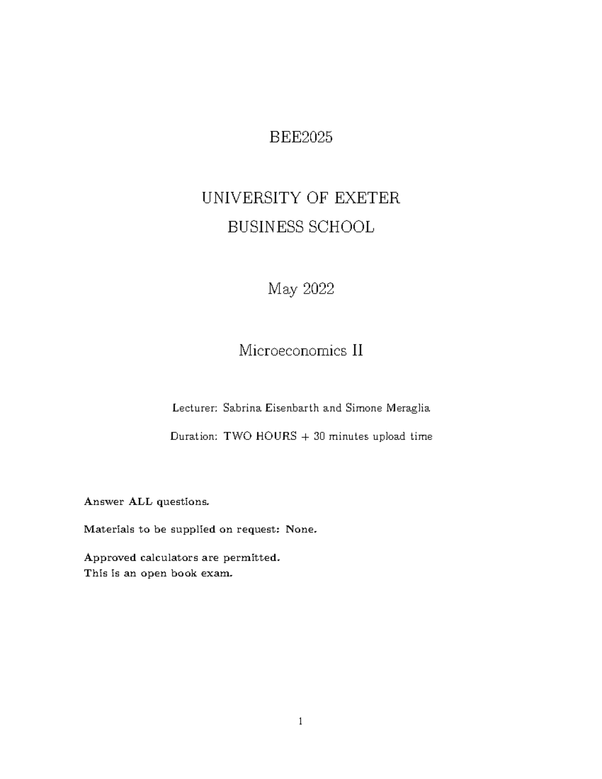 BEE2025 May 2022 - Microeconomics II Past Exam Paper - Studocu