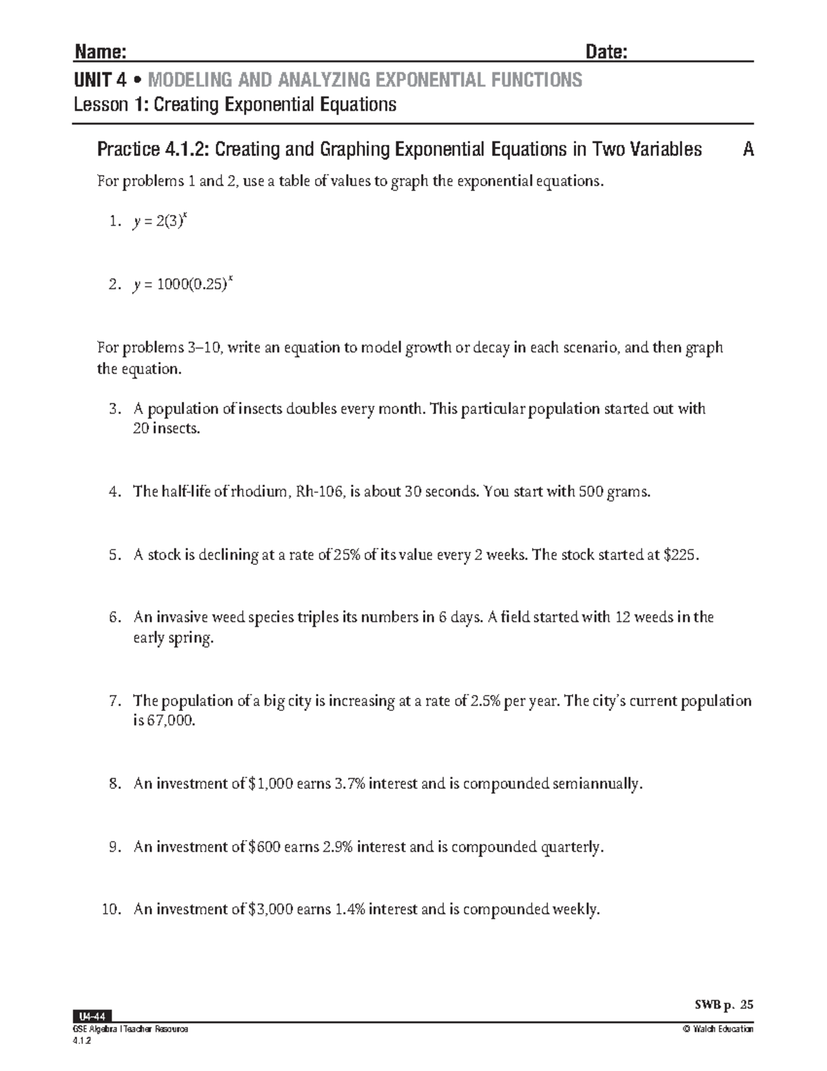 GSE Algebra I Unit 4 Practice: Exponential Equations & Graphs - Studocu