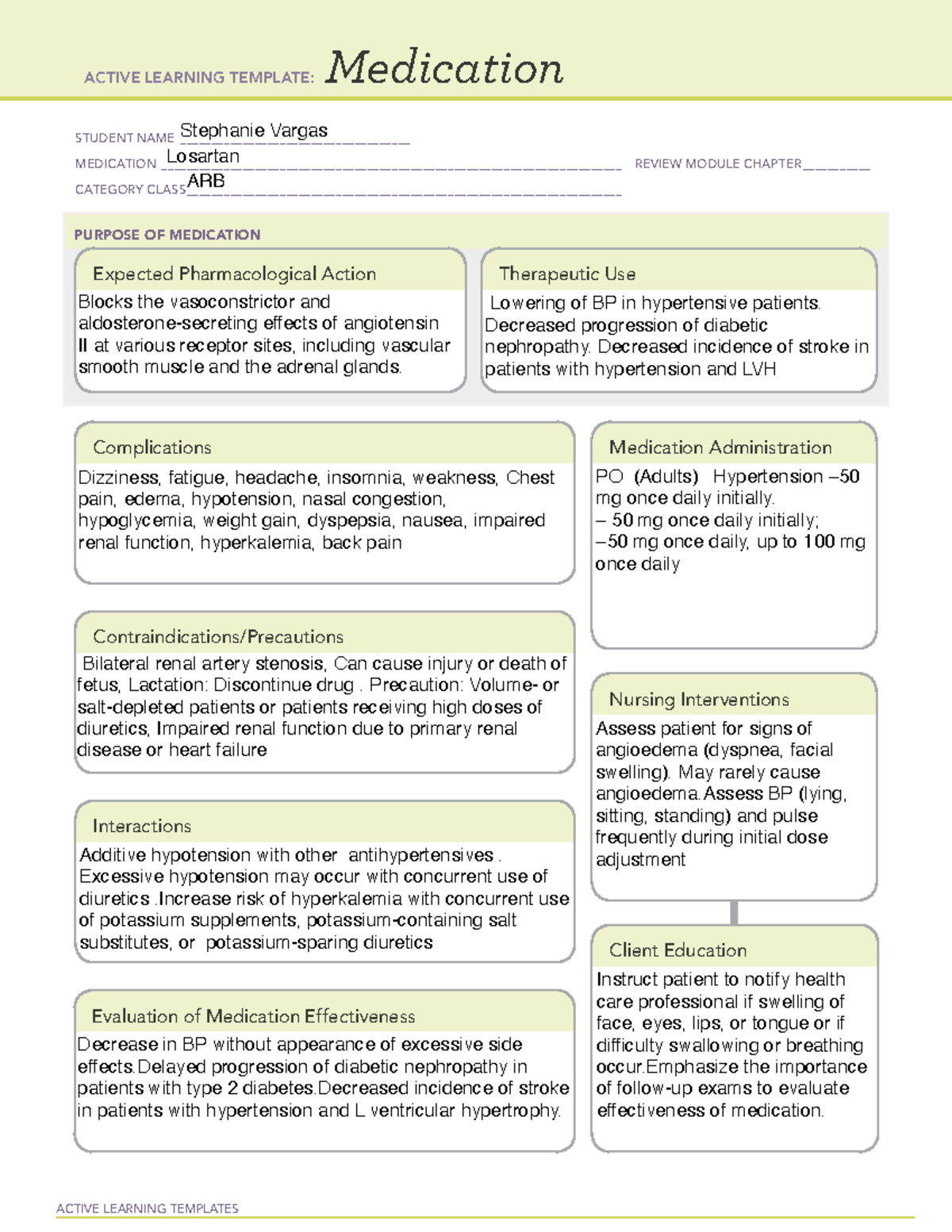 Losartan (ARB) Medication Card - Active Learning Template - Studocu