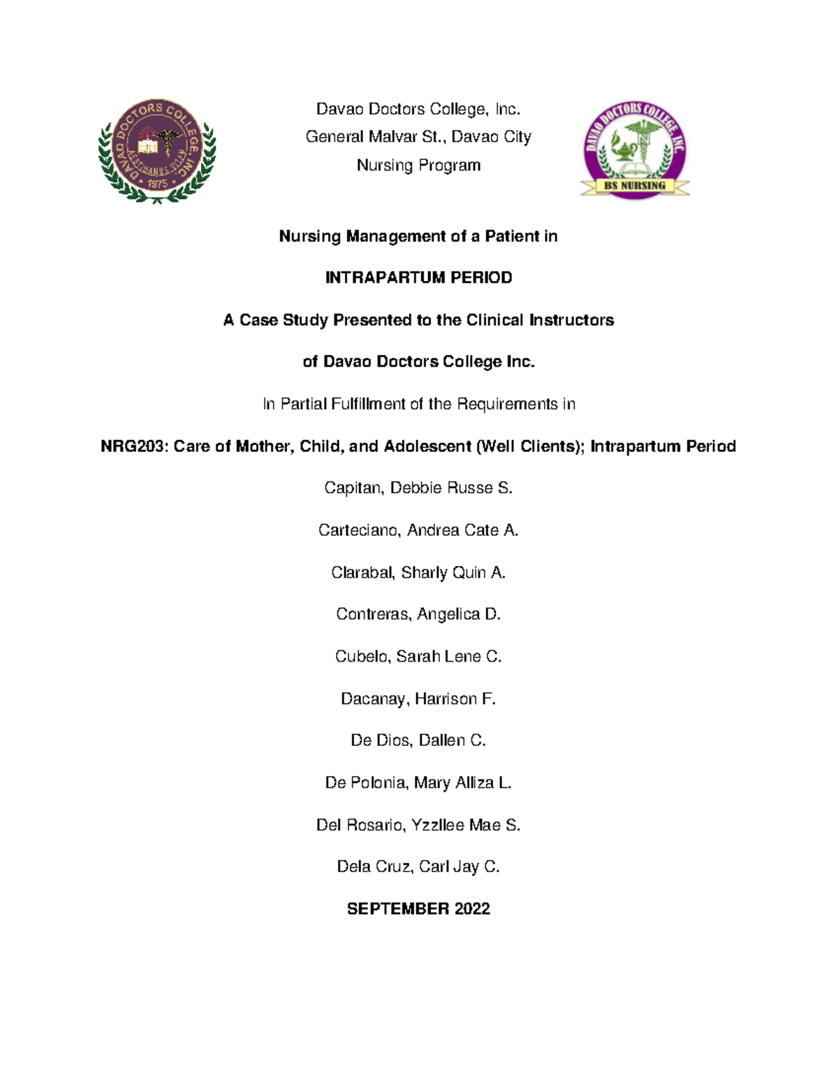 12AG2 Final Case Study on Nursing Management in Intrapartum Period ...