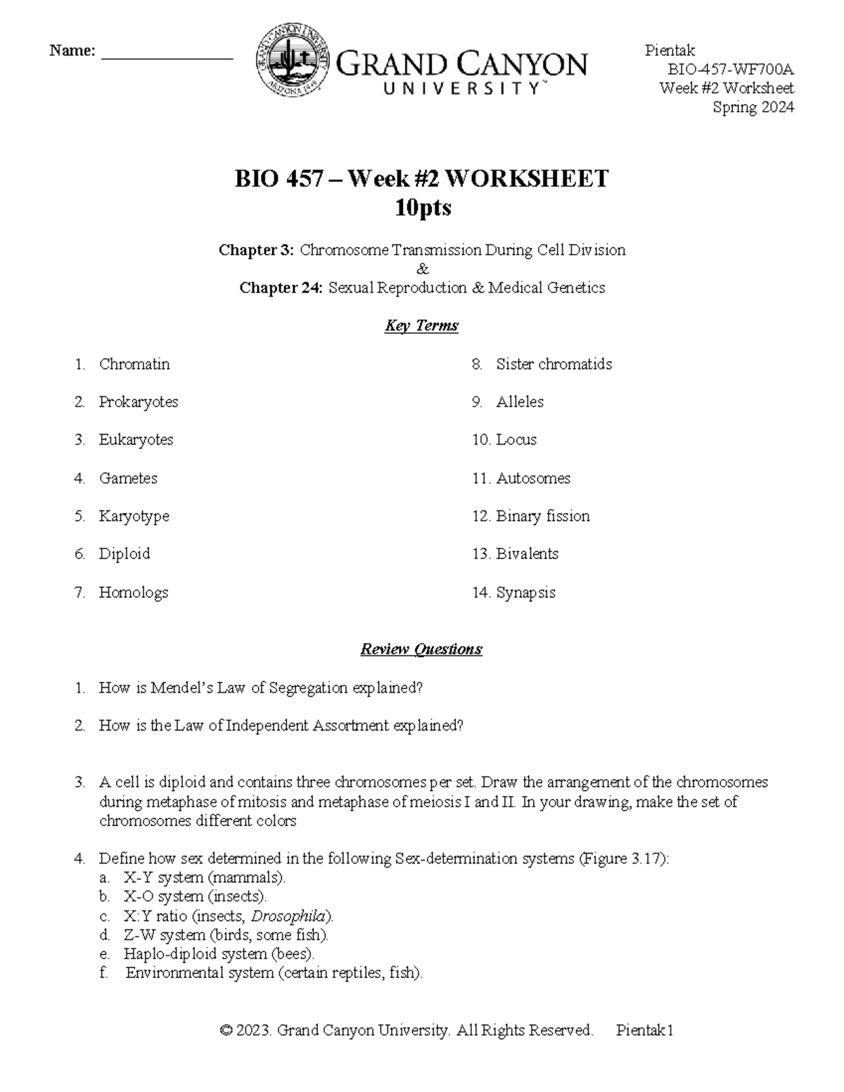 BIO-457-Week #2 Worksheet - Name: ________________ Pientak BIO-457 ...