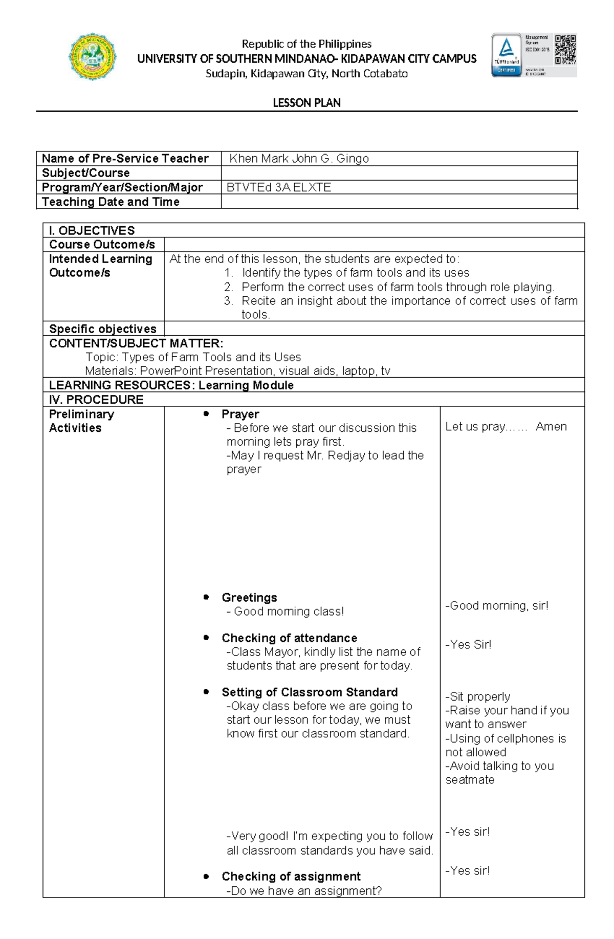 BTVTEd 3A ELXTE: Lesson Plan on Types of Farm Tools and Their Uses ...