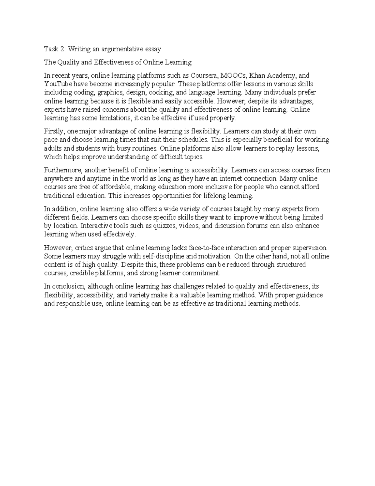 LCC Task 2: Argumentative Essay on Online Learning Quality - Studocu