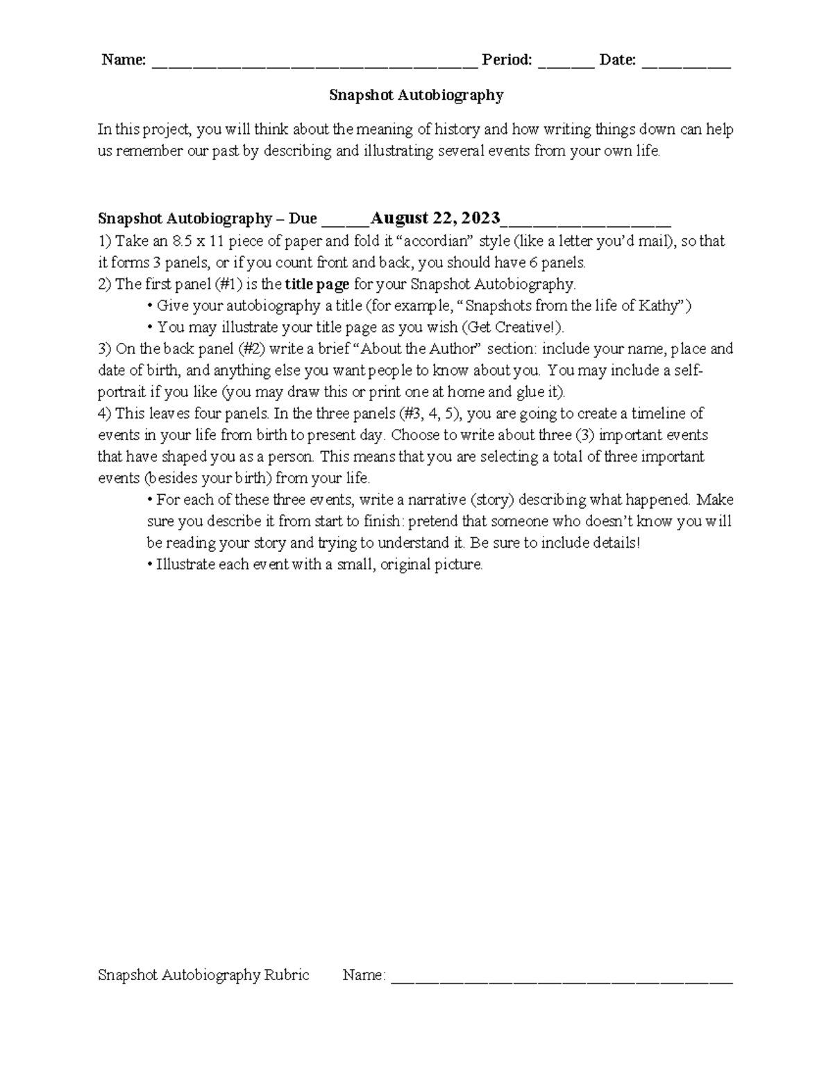 Snapshot Autobiography Project: Reflecting on Life Events - Studocu