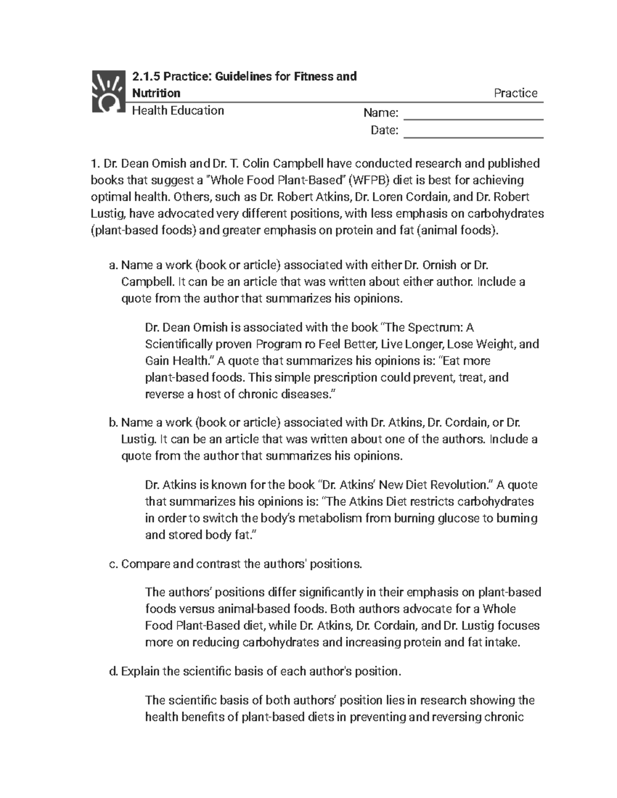 2.1.5 Practice: Analyzing Fitness & Nutrition Guidelines for Health ...