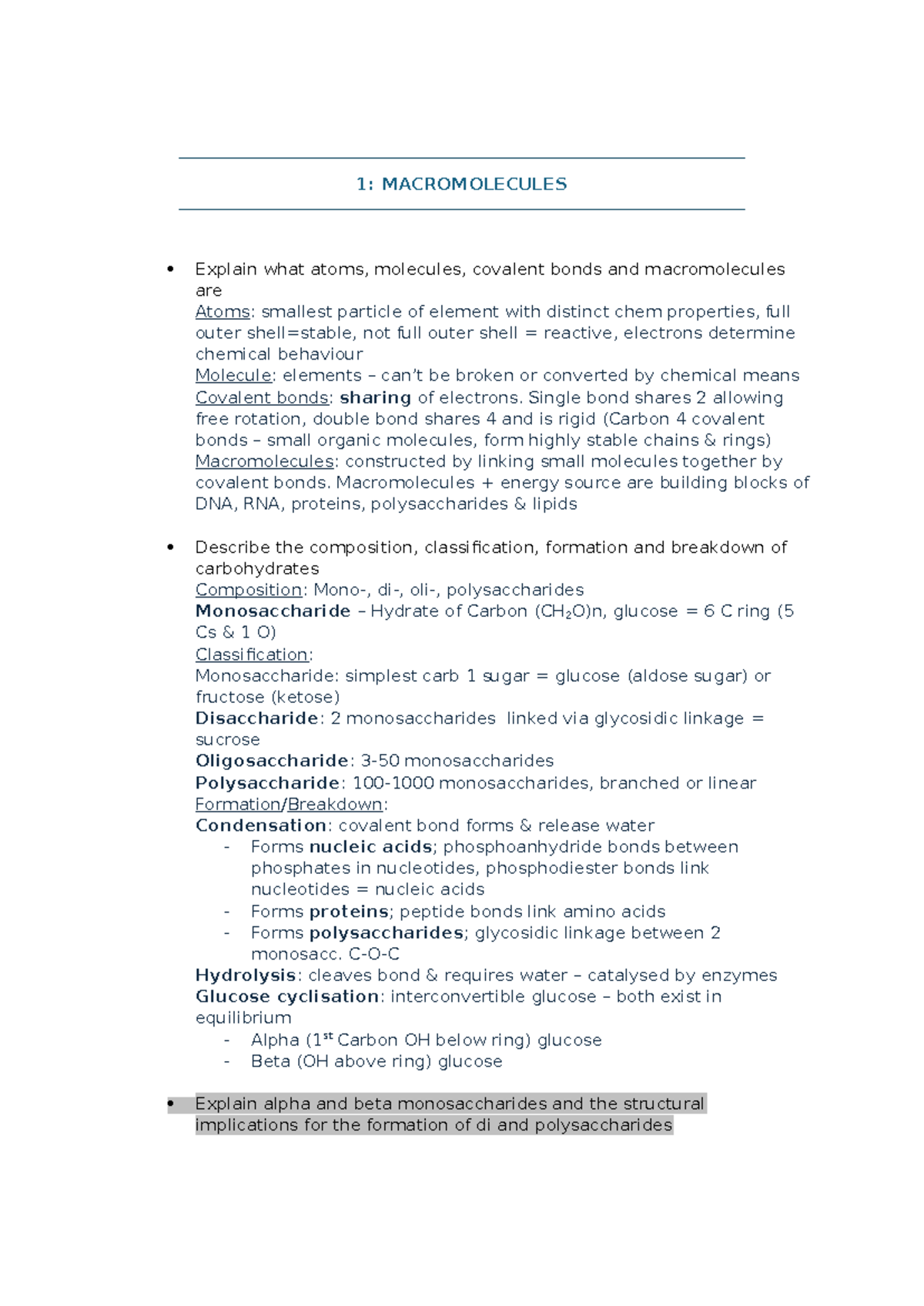 SCIE1106 Final Exam Notes on Macromolecules and Their Functions - Studocu