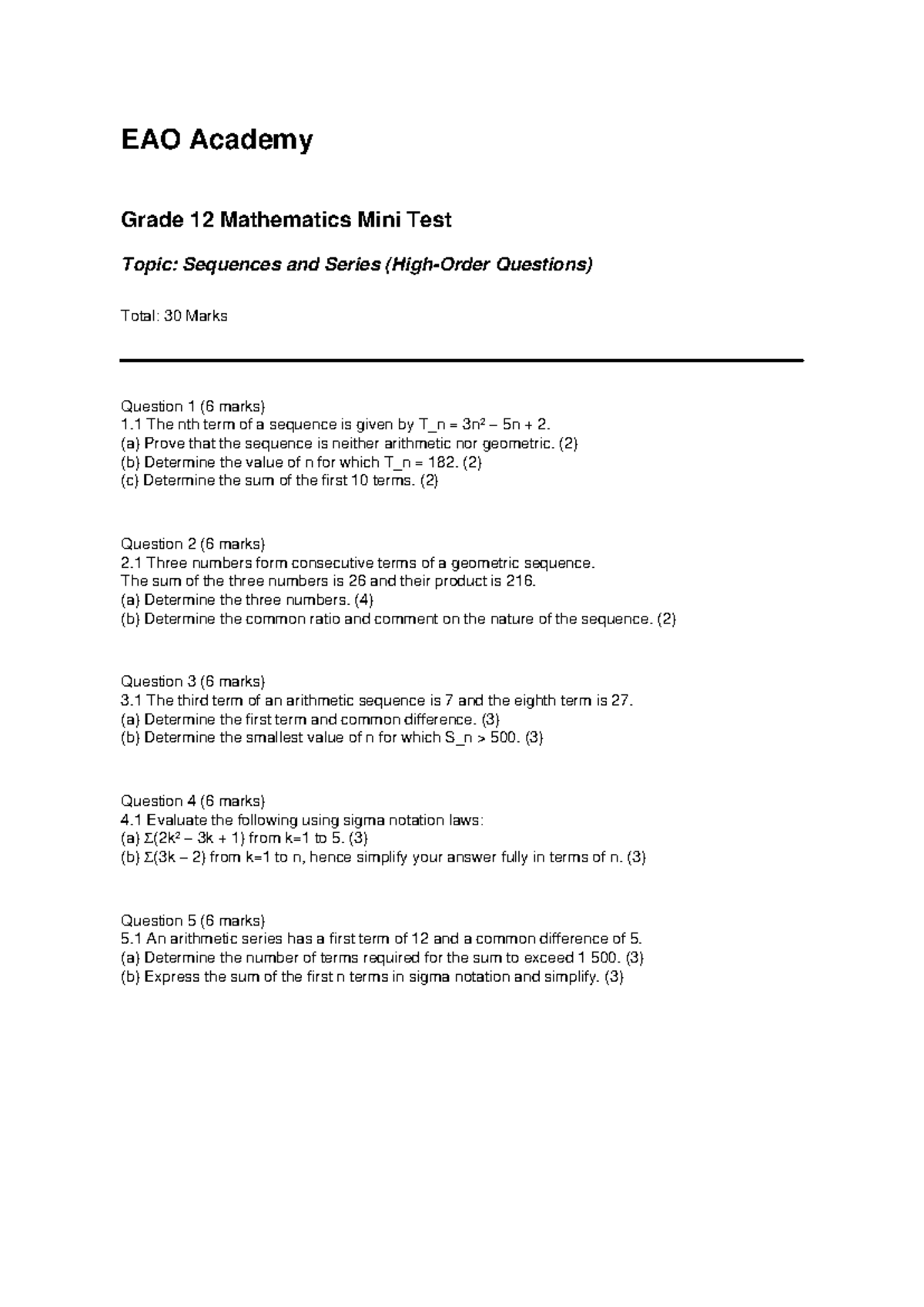 Grade 12 Mathematics Mini Test: Sequences & Series (30 Marks) - Studocu
