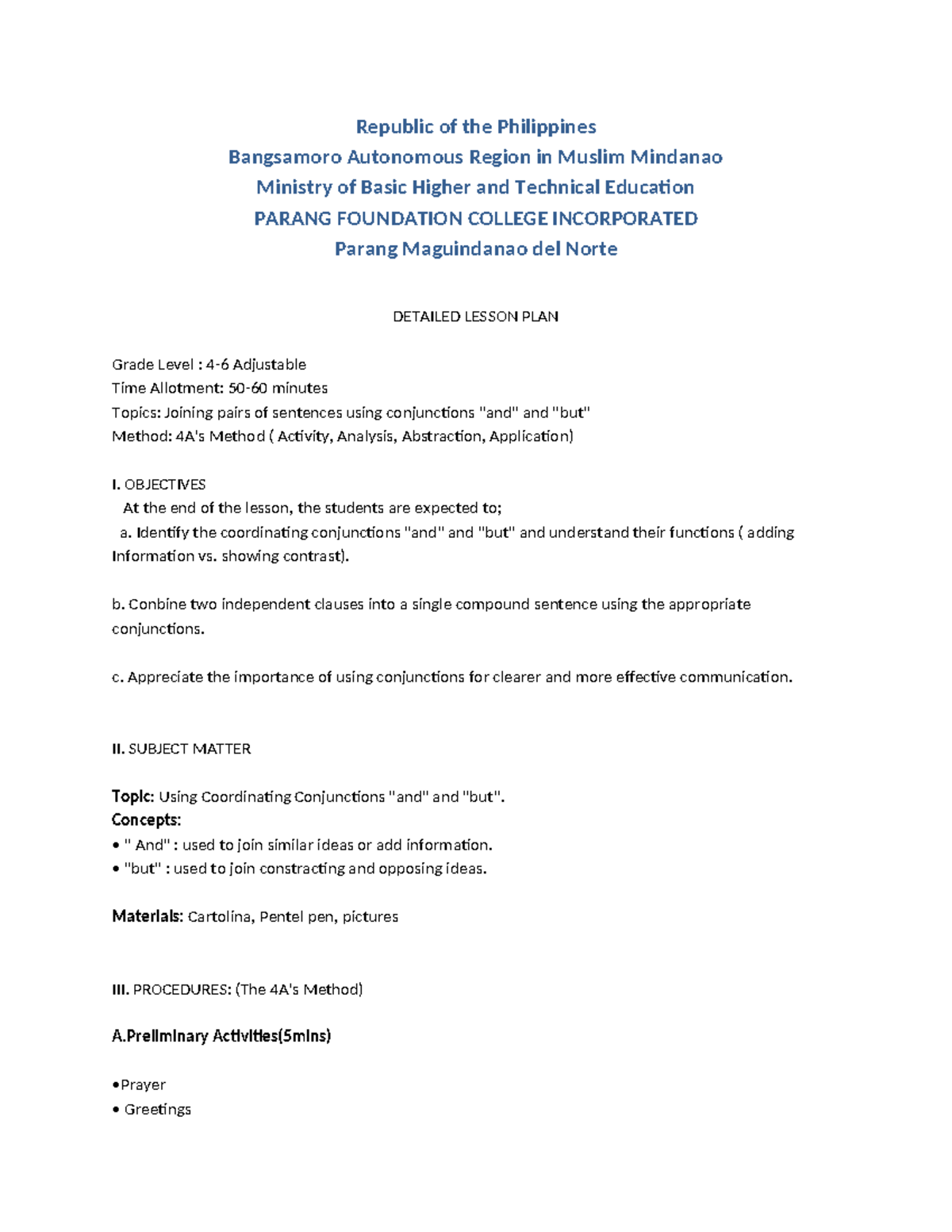 MA'AM P Lesson Plan: Using Coordinating Conjunctions (Grade Level ...