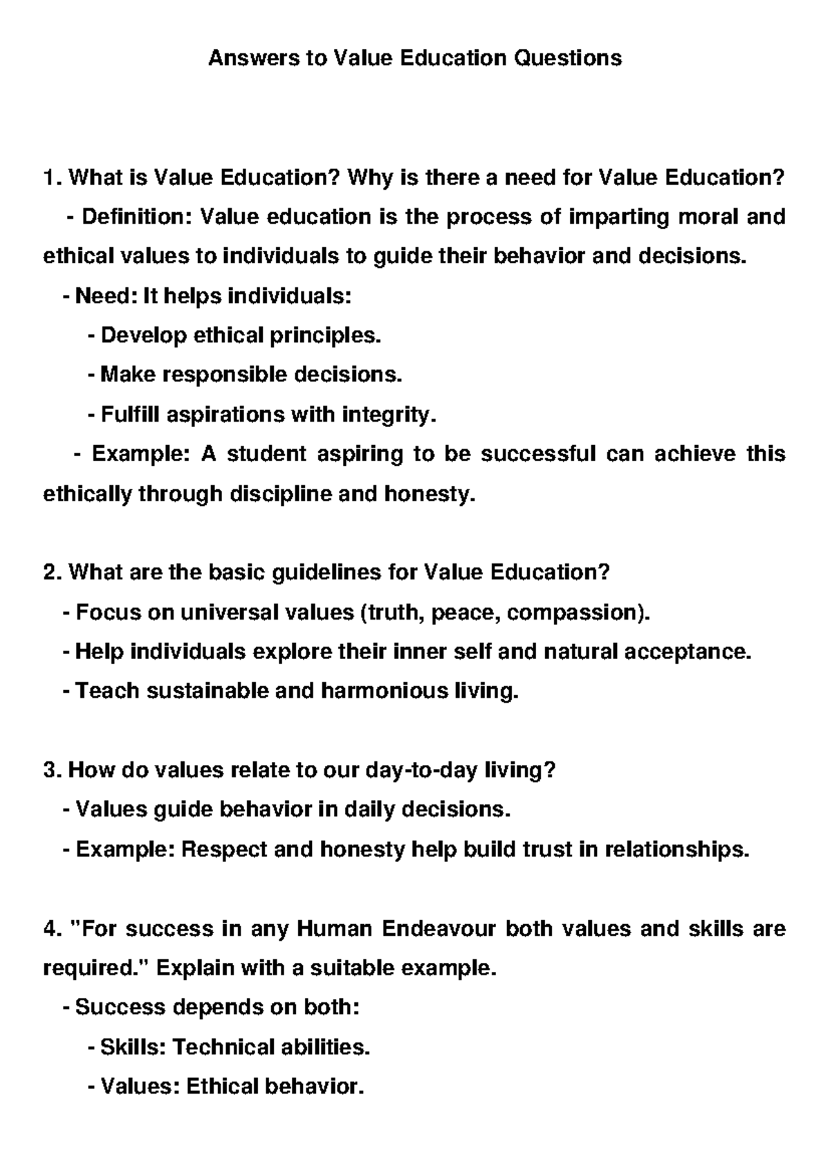 Value Education Answers: Key Concepts and Insights - Studocu