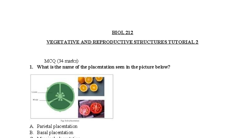 BIOL 212 TUTORIAL 2: VEGETATIVE & REPRODUCTIVE STRUCTURES MCQ - Studocu