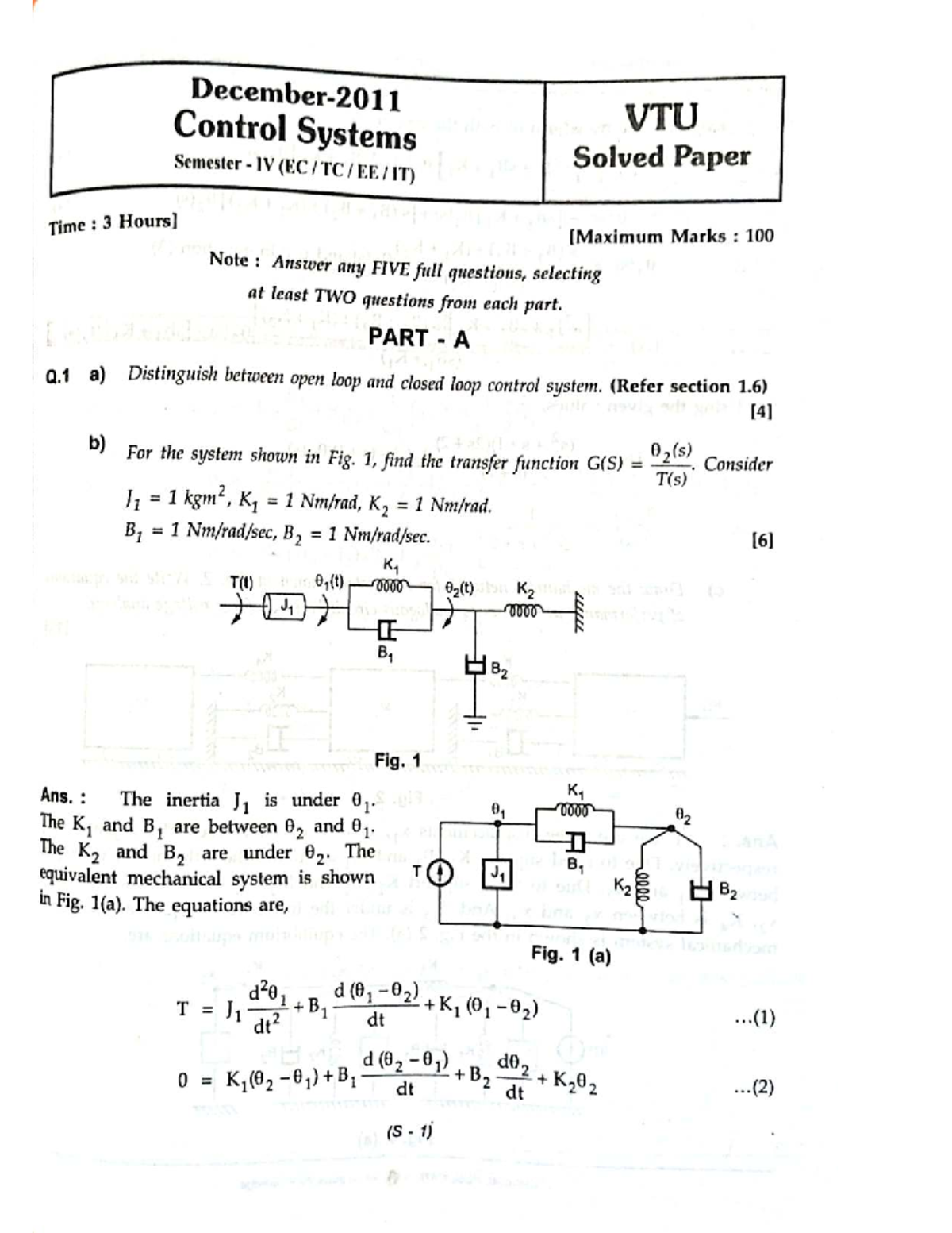 Control Systems VTU Semester IV Solved Paper - Previous Year Questions ...