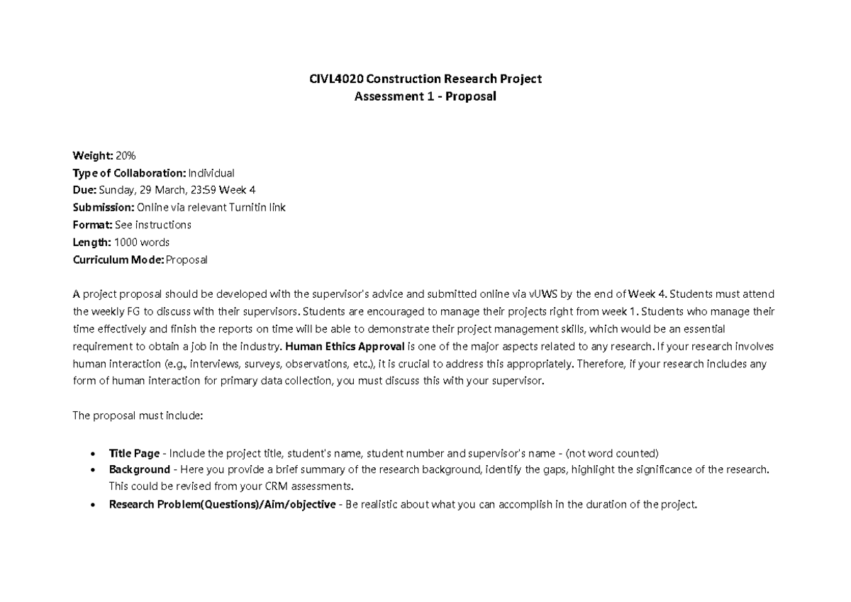 CIVL4020 Construction Research Project Assessment 1 Proposal Guide ...