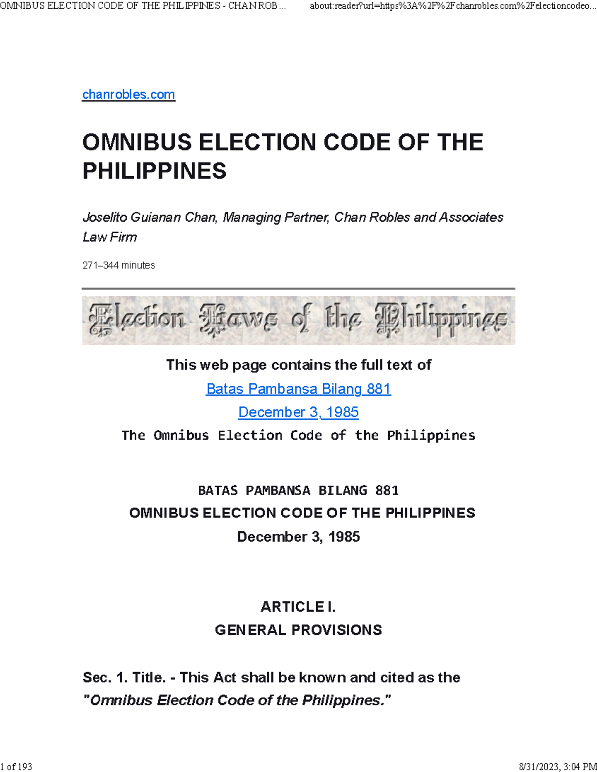 Omnibus Election CODE OF THE Philippines - CHAN Robles Virtual LAW ...