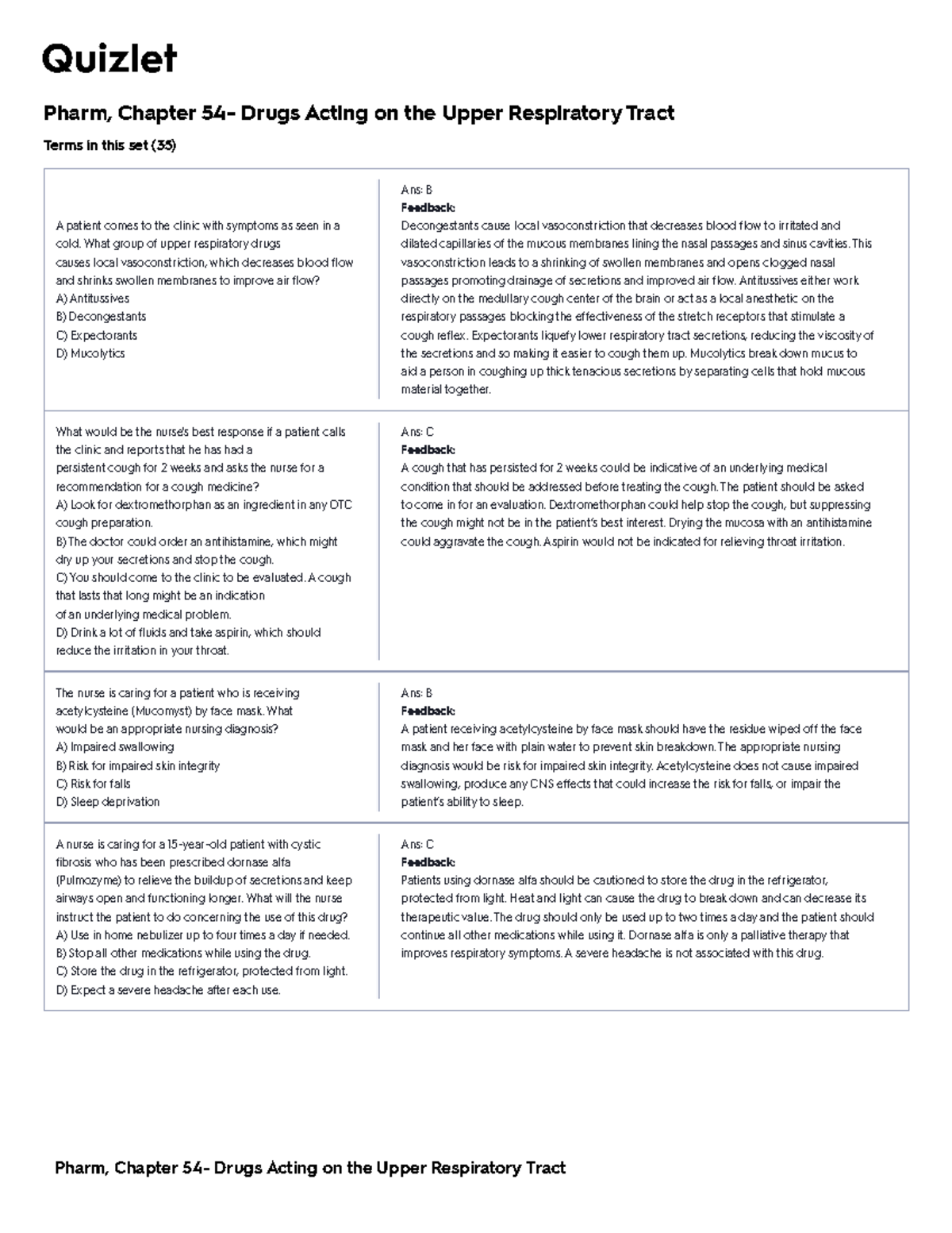 Pharm 54: Quizlet Practice Questions for Upper Respiratory Drugs - Studocu