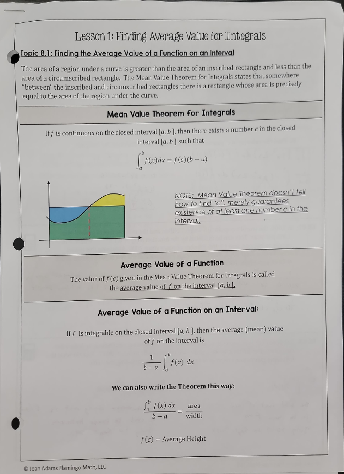 8.1 Calculus Notes - Lesson 1: Finding Average Value for Integrals ...