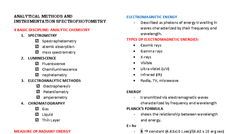 ANALYTICAL METHODS & INSTRUMENTATION: SPECTROPHOTOMETRY & MORE - Studocu