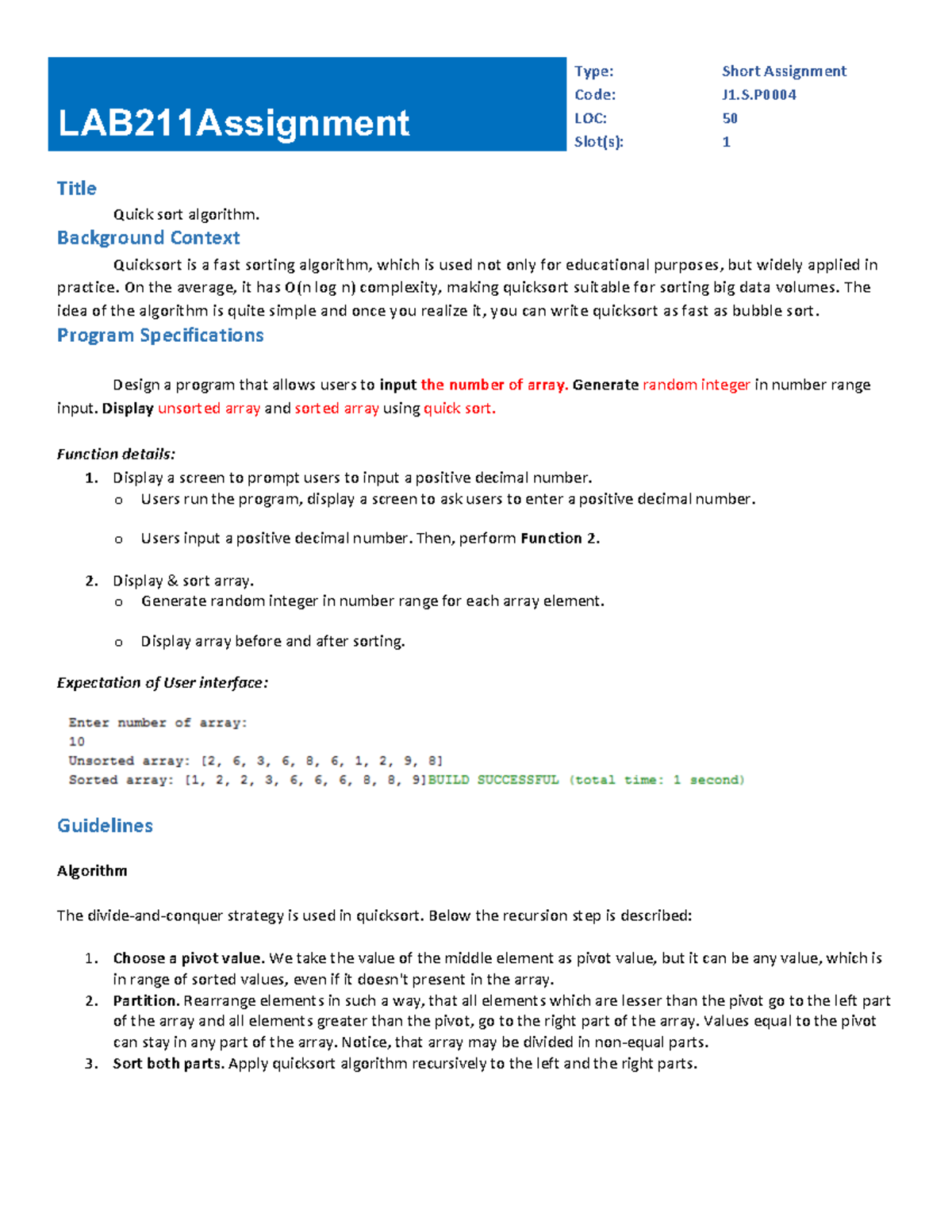 LAB211 Short Assignment: Quick Sort Algorithm Explained - Studocu