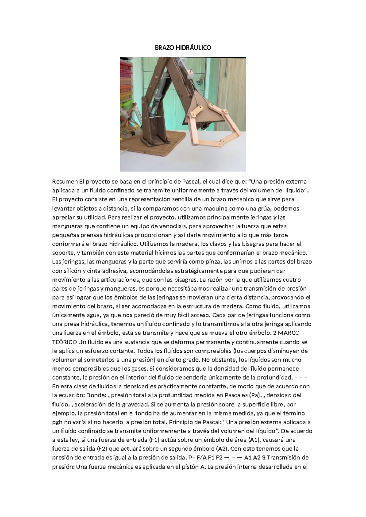 BRAZO HIDRÁULICO: Proyecto y Principios de Pascal - Studocu