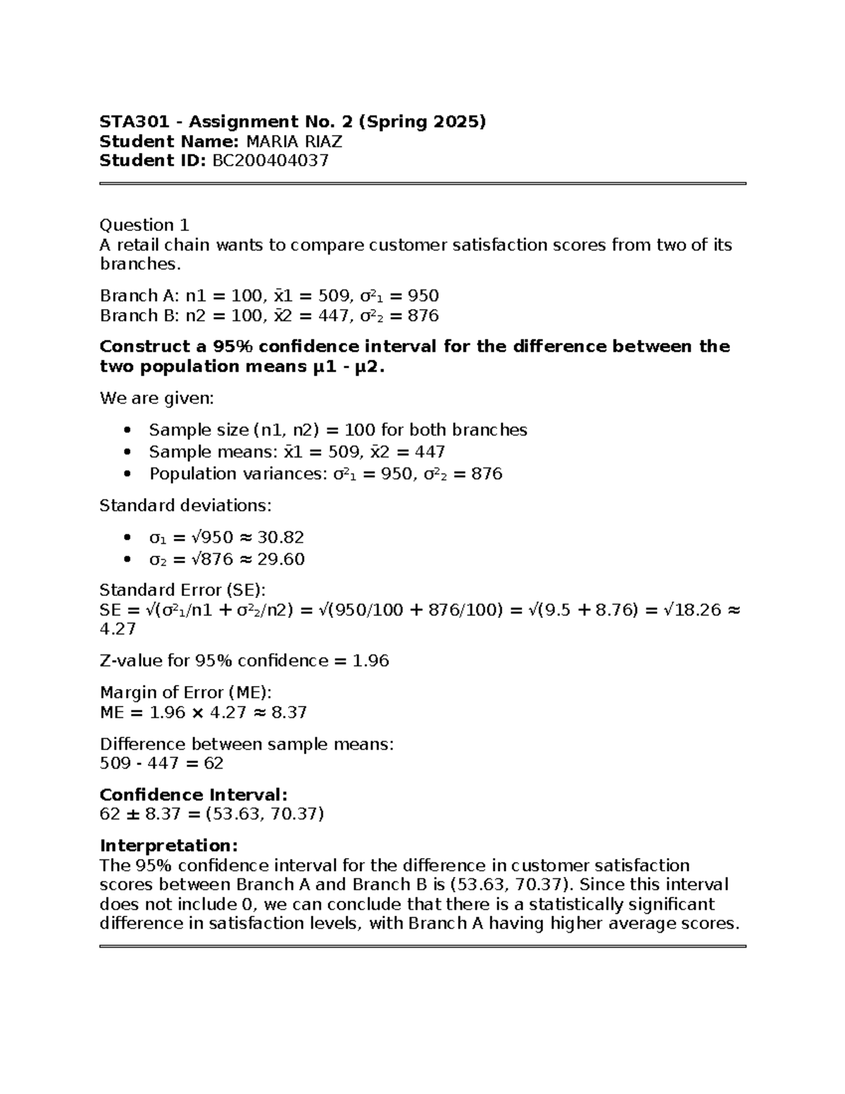 STA301 Assignment 2: Confidence Interval Analysis (Spring 2025) - Studocu