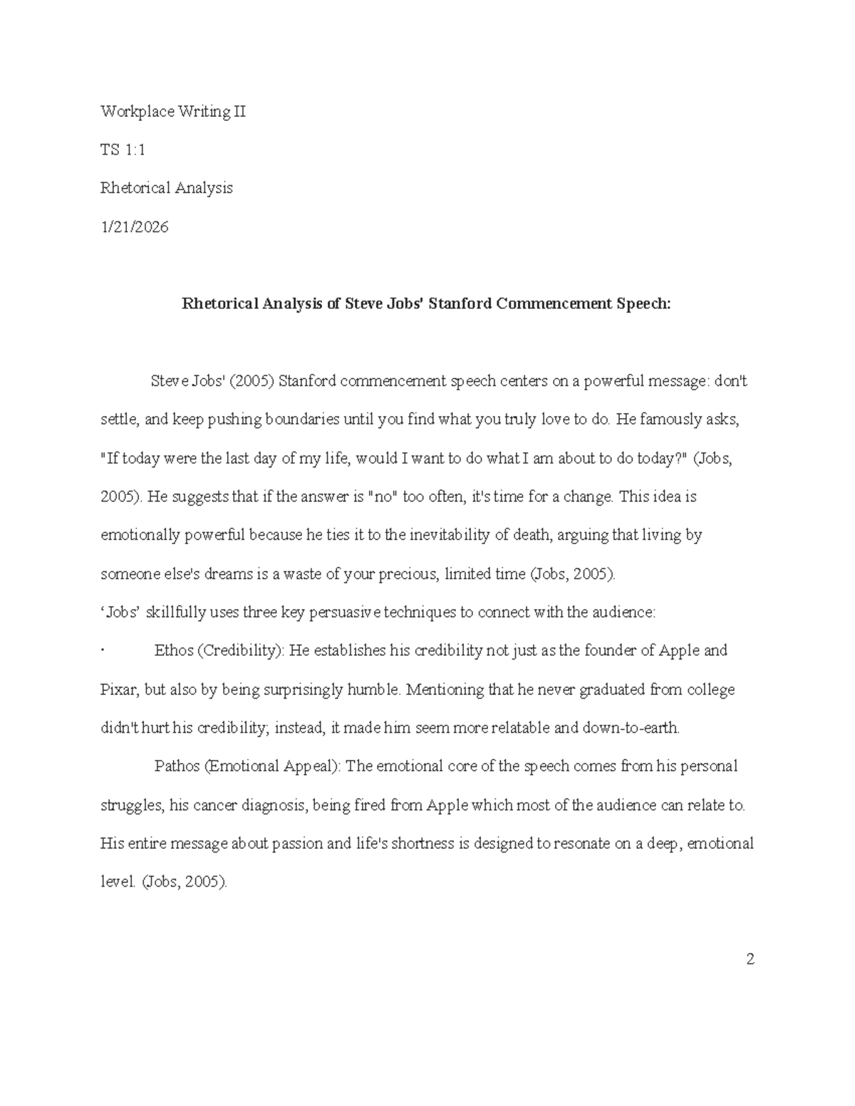 Workplace Writing II TS 1:1 Rhetorical Analysis of Jobs' Speech - Studocu