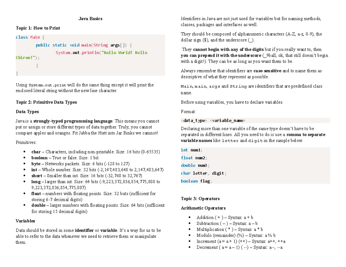 Code Chum Lesson 1 - Java Basics - Java Basics Topic 1: How to Print ...